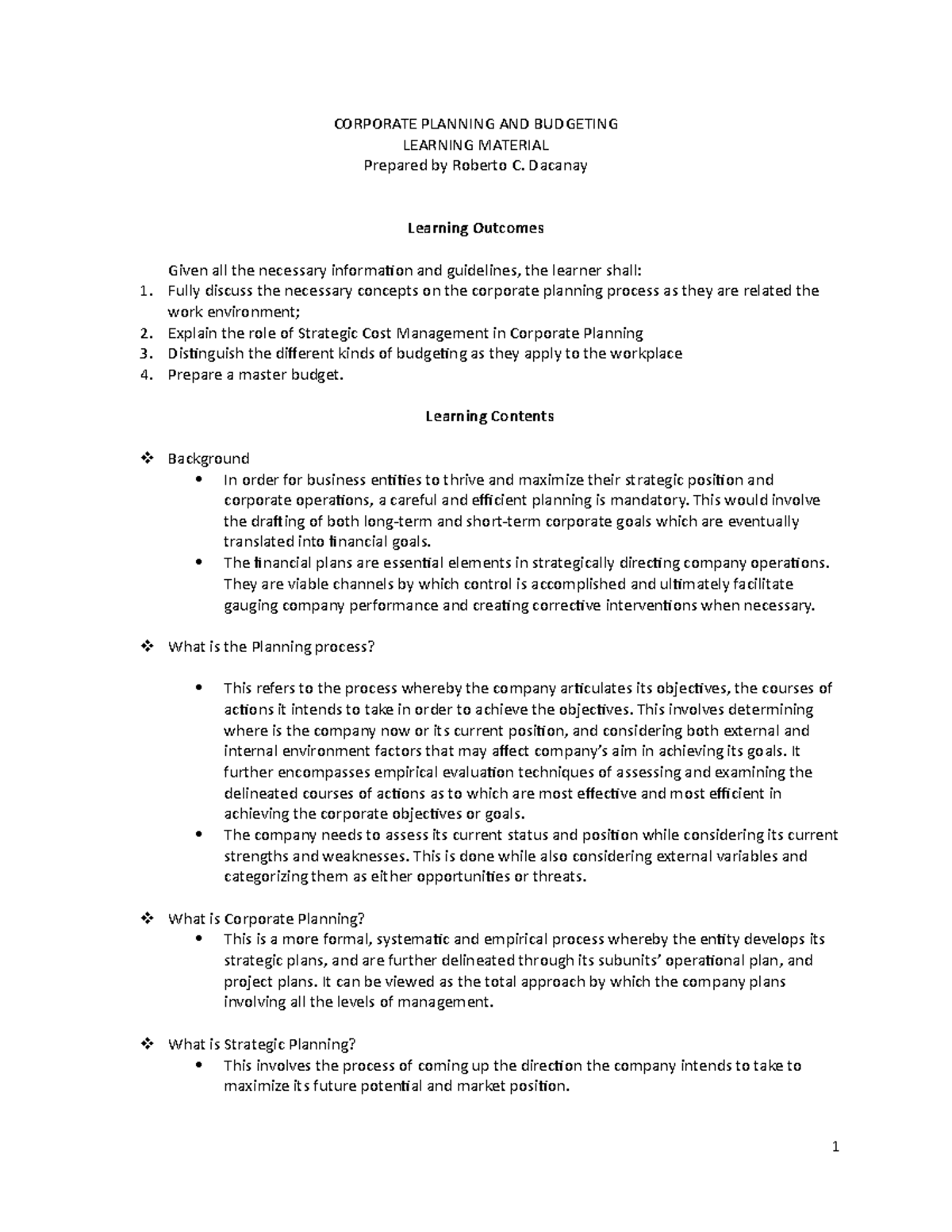 Corporate Planning AND Budgeting Accountancy Studocu