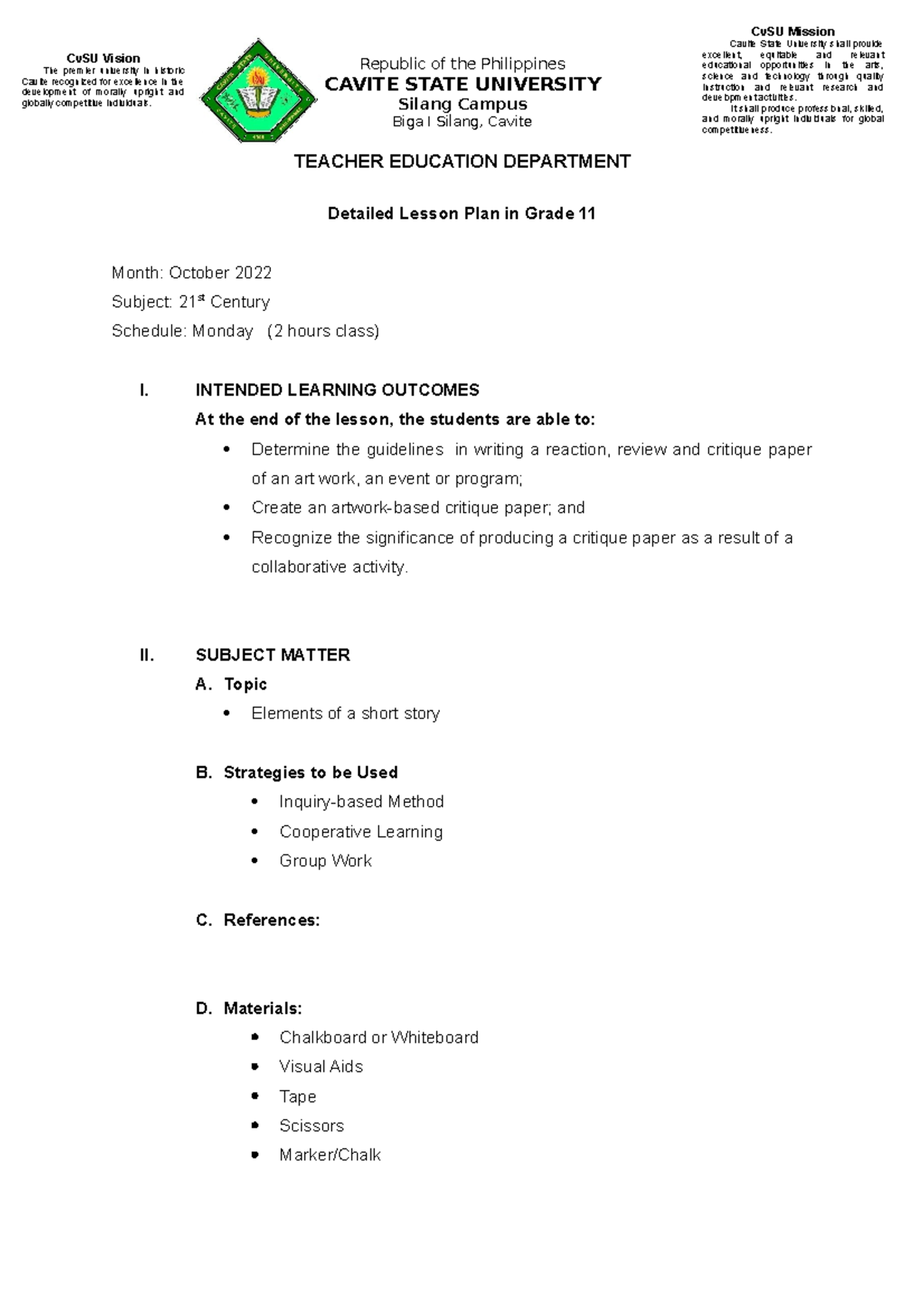 21CENT ICT(SS) - guide lesson plan - CvSU Mission CvSU Vision Republic ...