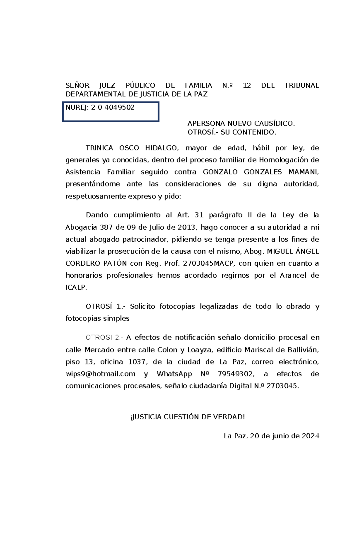 Apersonamie Trinica - SEÑOR JUEZ PÚBLICO DE FAMILIA N.º 12 DEL TRIBUNAL ...