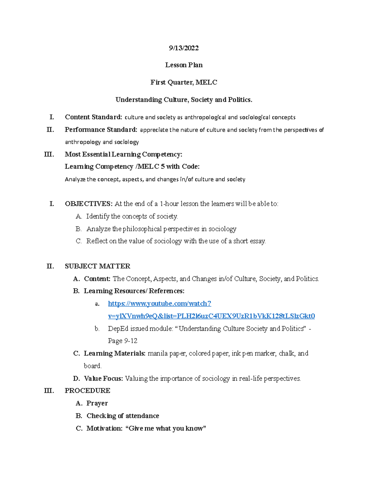 Lesson Plan 2 - adas - 9/13/ Lesson Plan First Quarter, MELC ...