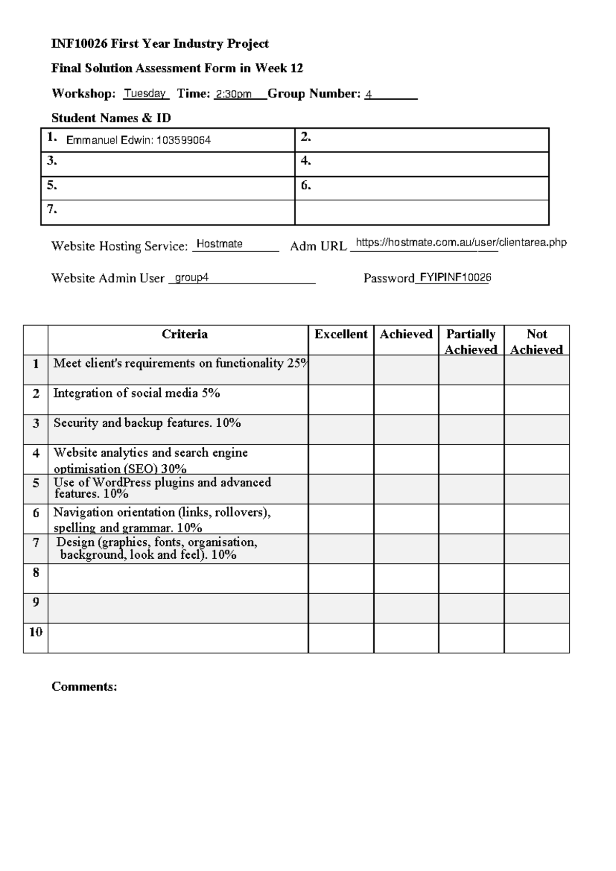 Final Solution Assessment Form - INF10026 First Year Industry Project ...