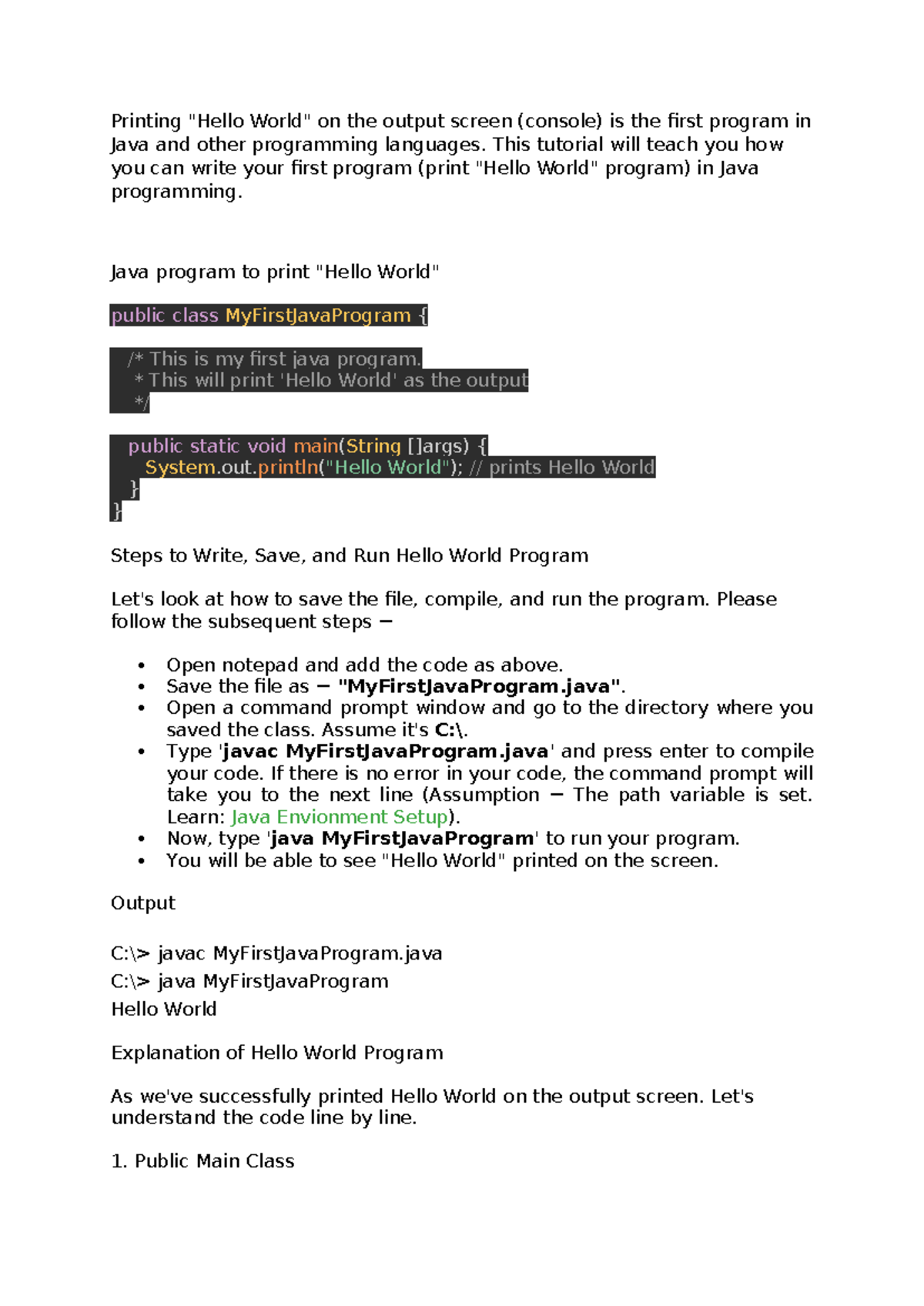 Java Basic Structure - Printing "Hello World" on the output screen ...