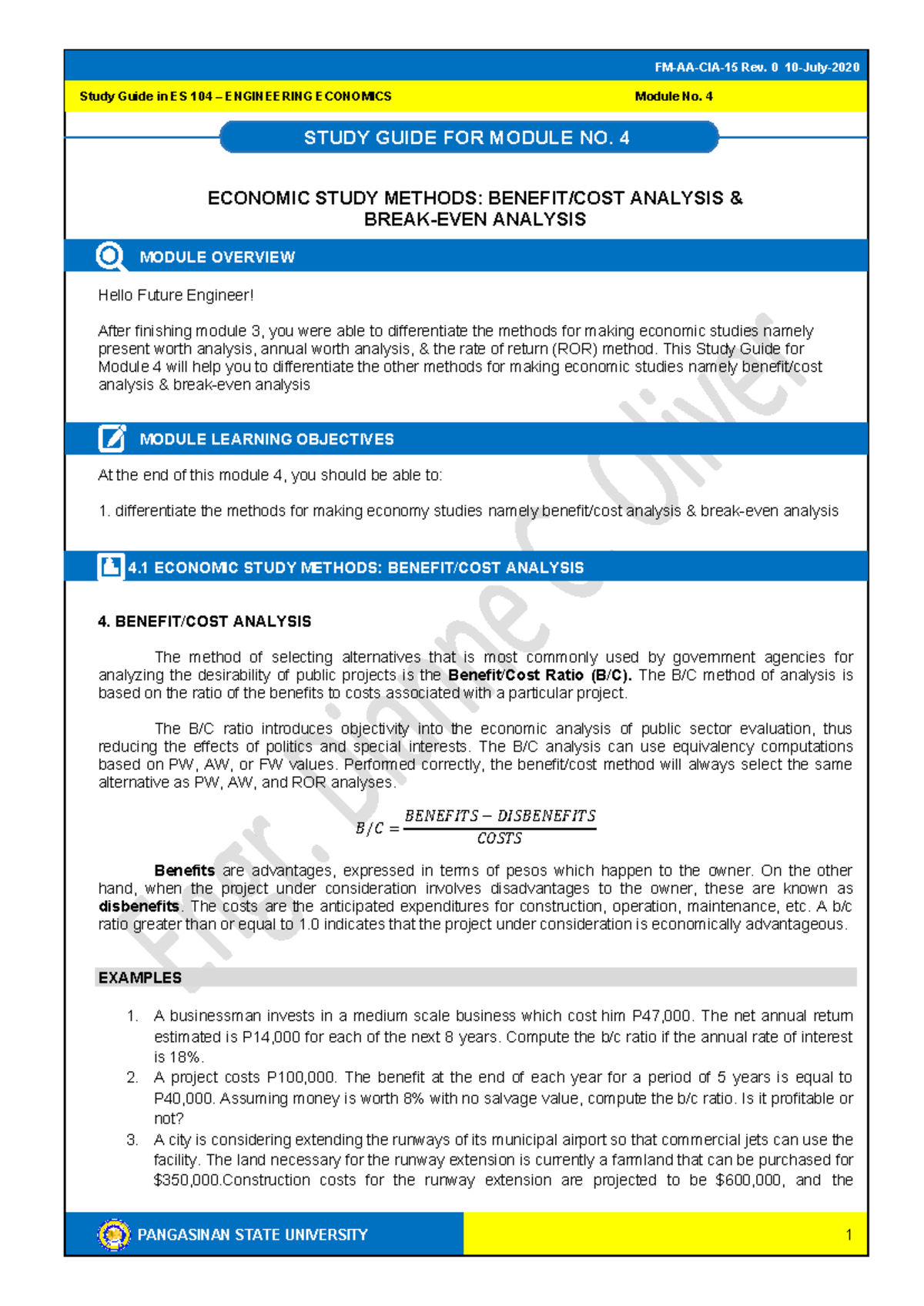 Study guide 4 es 104-engg econ-dianne oliver - PANGASINAN STATE UNIVERSITY Study Guide in ES 1 ...