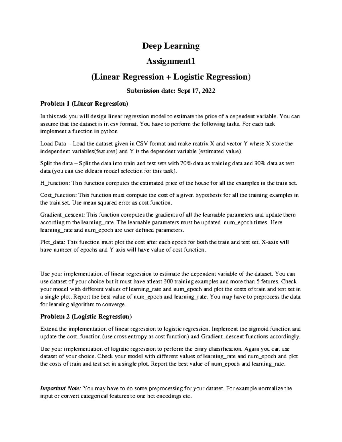 Assignment 1 - Deep Learning Assignment (Linear Regression + Logistic Regression) Submission ...