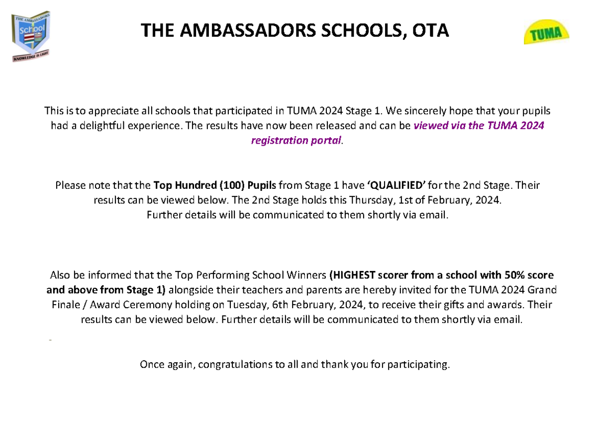 TUMA 2024 Top Performers - This is to appreciate all schools that ...