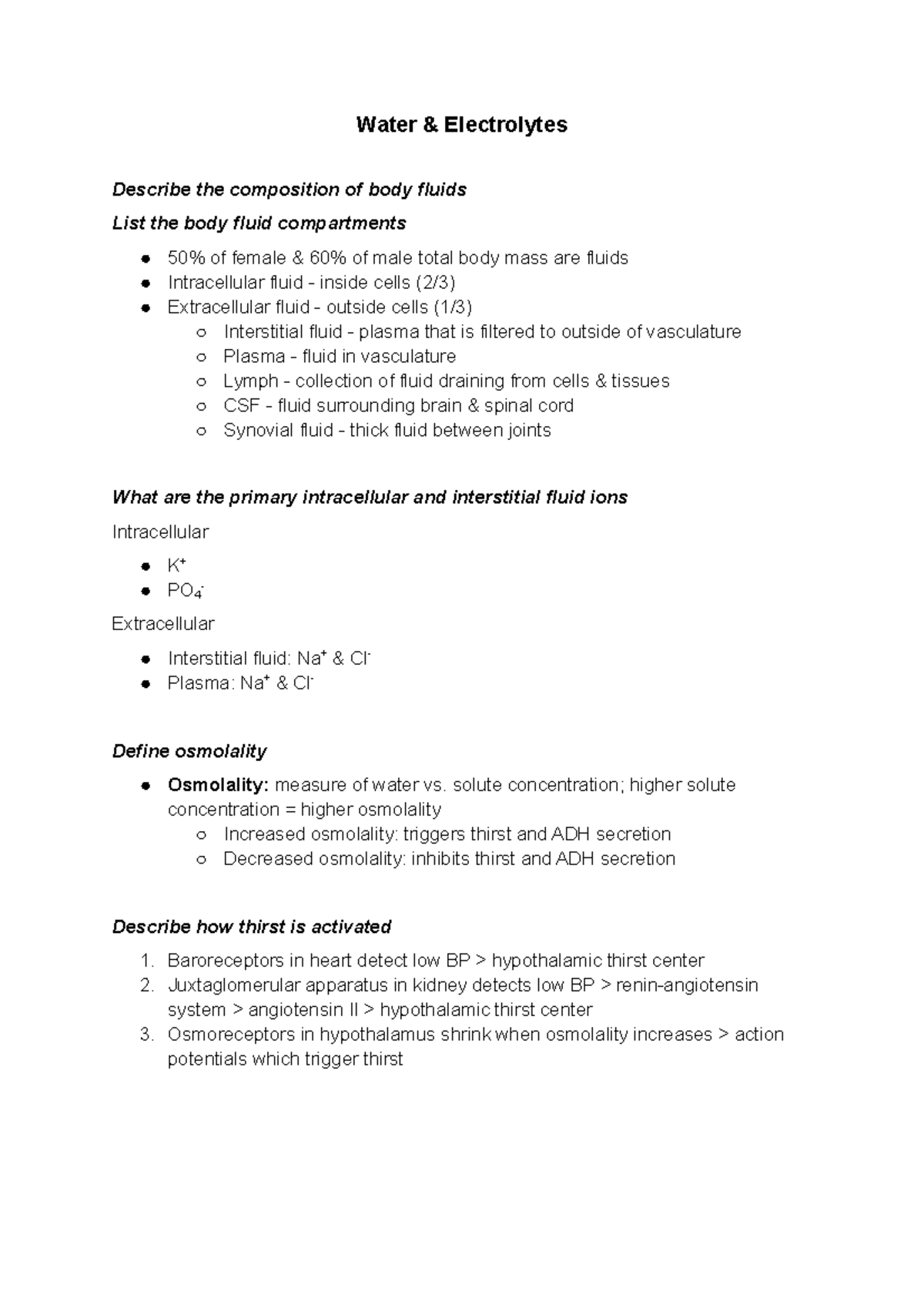 Water & electrolytes - Lecture Notes - Describe the composition of body ...
