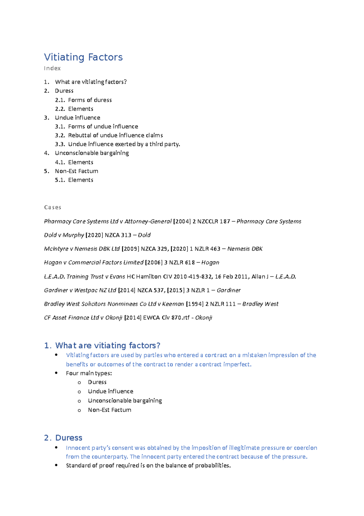 Vitiating Factors - Summaries on duress, unconscionable bargain, undue ...