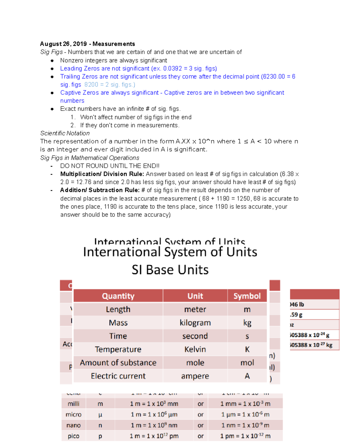 Chem 107 Notes - August 26, 2019 - Measurements Sig Figs - Numbers that ...