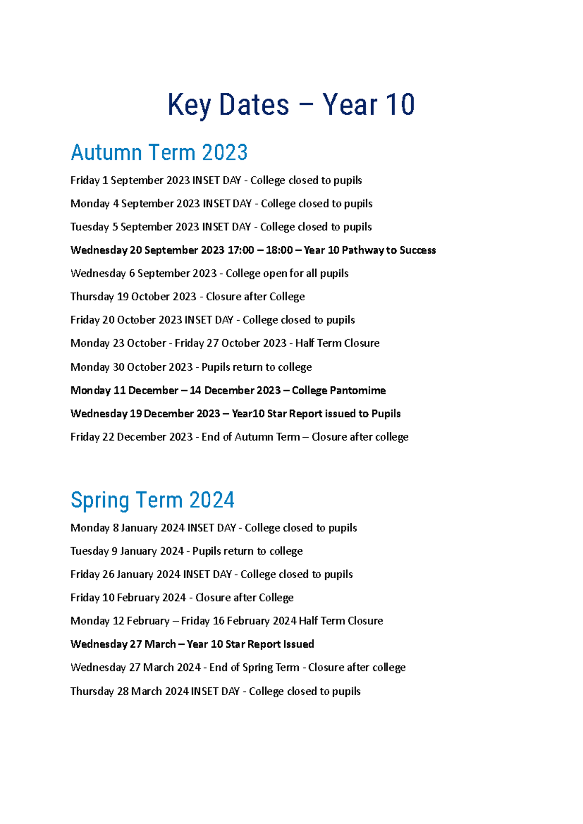 Year 10 Key Dates - Key Dates – Year 10 Autumn Term 2023 Friday 1 ...