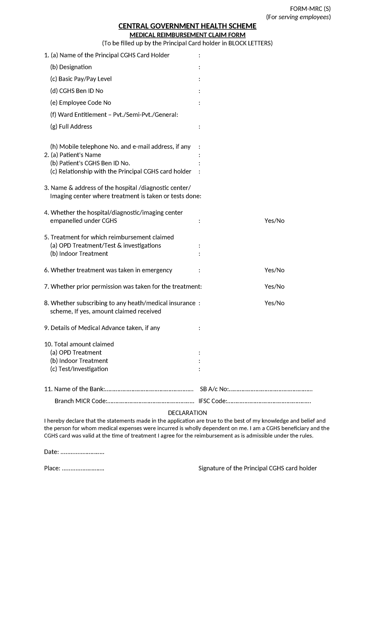 CGHS Claim Form 062138 a53949 d10 01714997 - FORM-MRC (S) (For serving ...