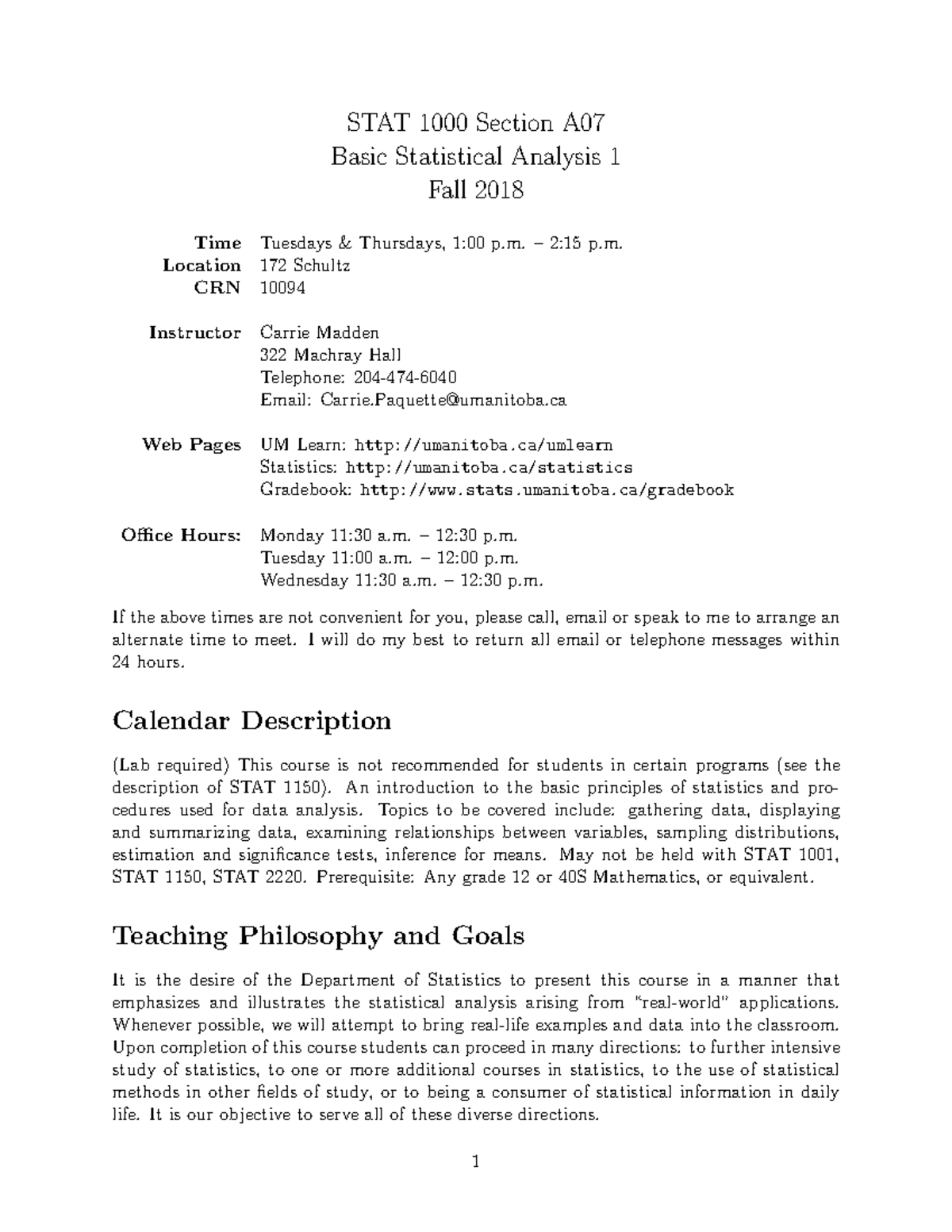 F18 Course Outline - STAT 1000 Section A07 Basic Statistical Analysis 1 ...
