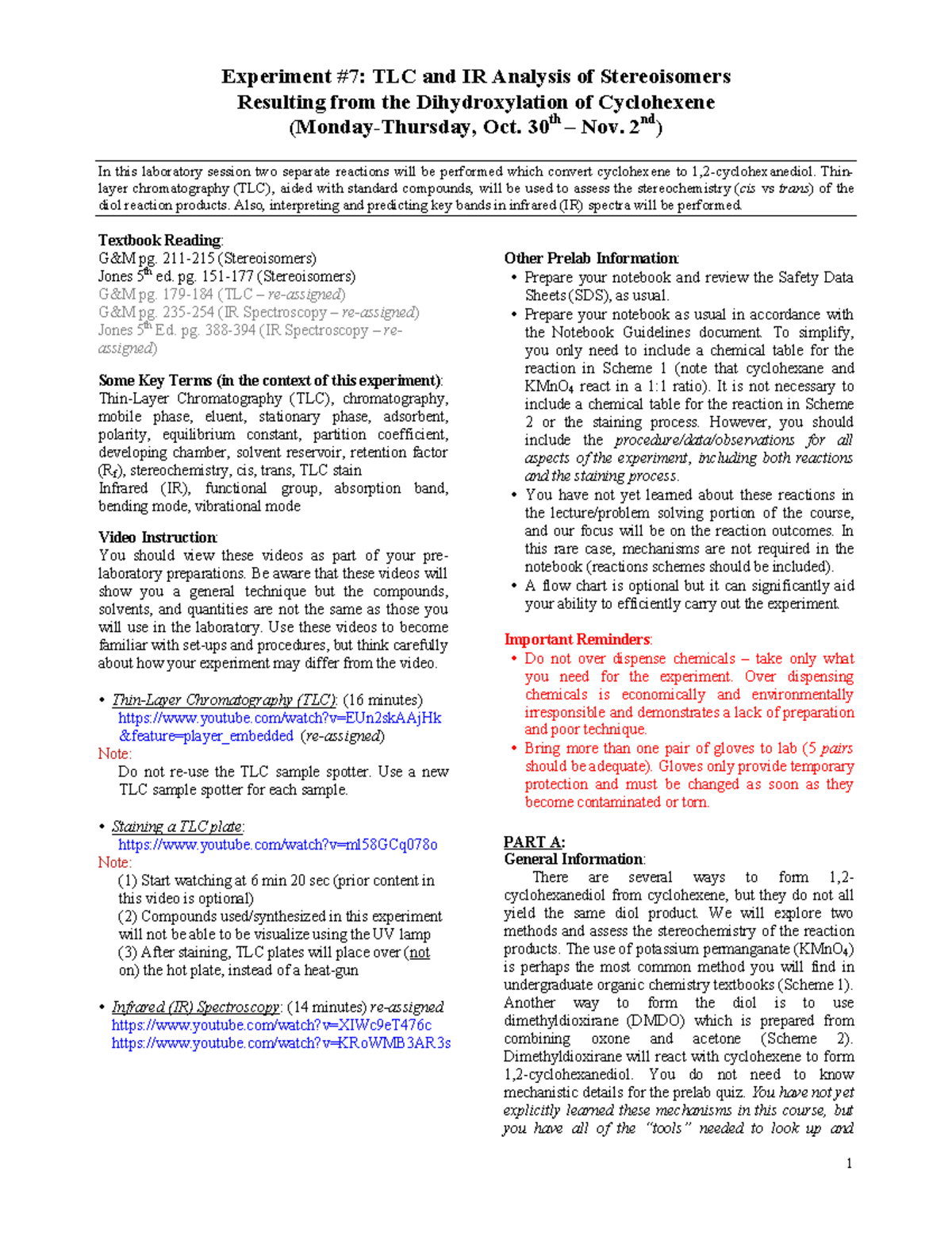FA23 CHEM 225 Exp7 Handout Dihydroxylation TLC-IR 001 - 1 Experiment # 7 : TLC and IR Analysis ...
