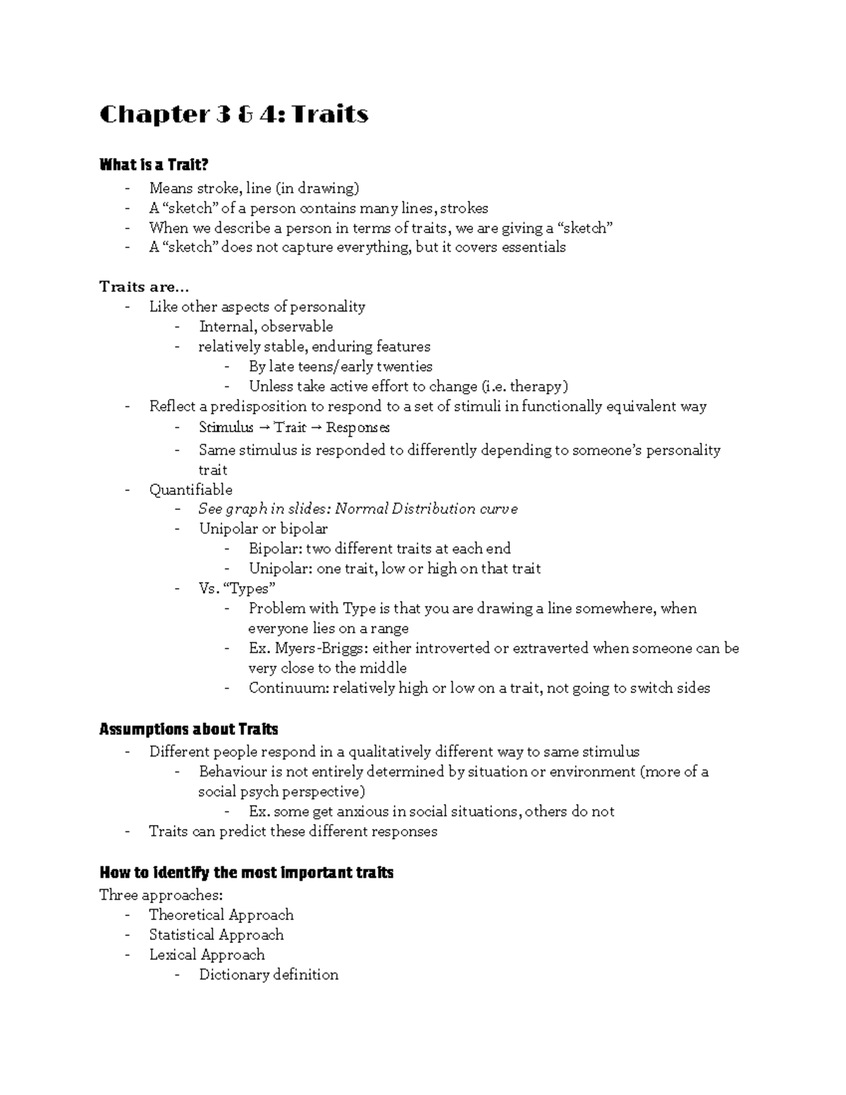 Personality Psych Ch 3-6 - Chapter 3 & 4: Traits What is a Trait? Means ...