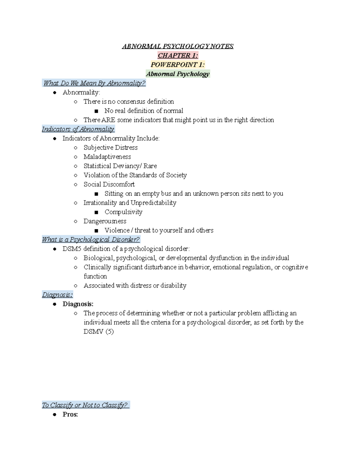 Abnormal Psychology Notes - ABNORMAL PSYCHOLOGY NOTES CHAPTER 1 ...
