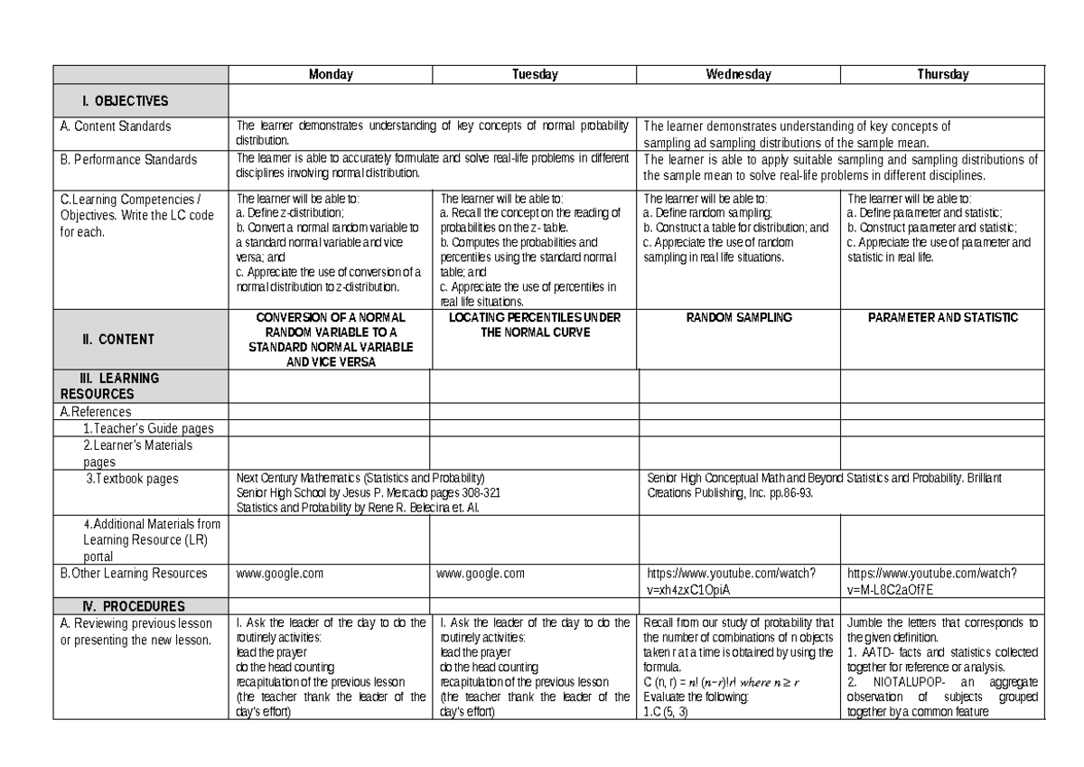 STAT AND PROB Lastweek (3 Rdquarter) - Monday Tuesday Wednesday ...