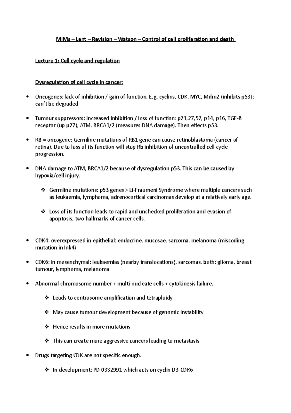 Control of cell proliferation and death - 4 - MIMs – Lent – Revision ...