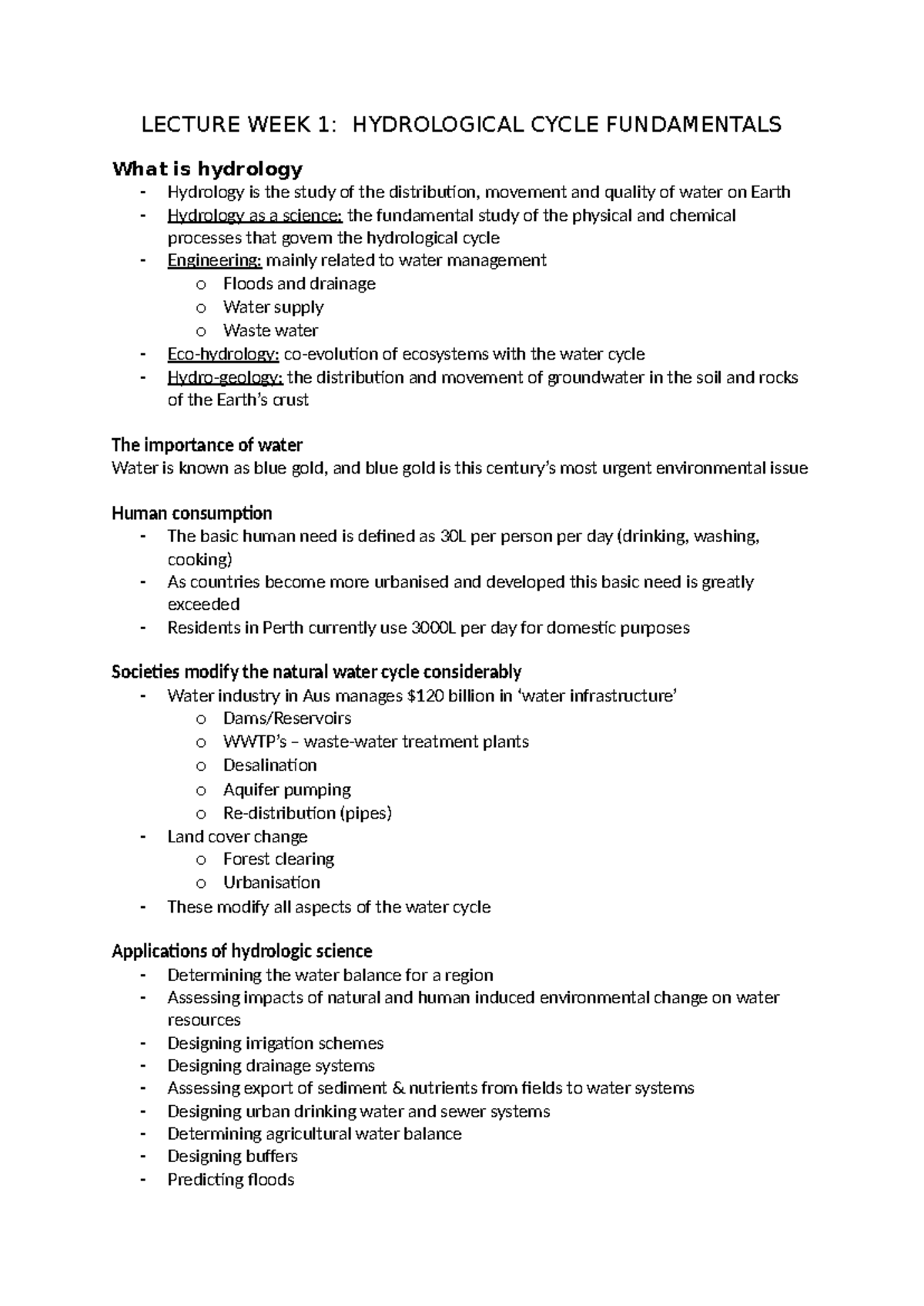 Notes - LECTURE WEEK 1: HYDROLOGICAL CYCLE FUNDAMENTALS What is ...