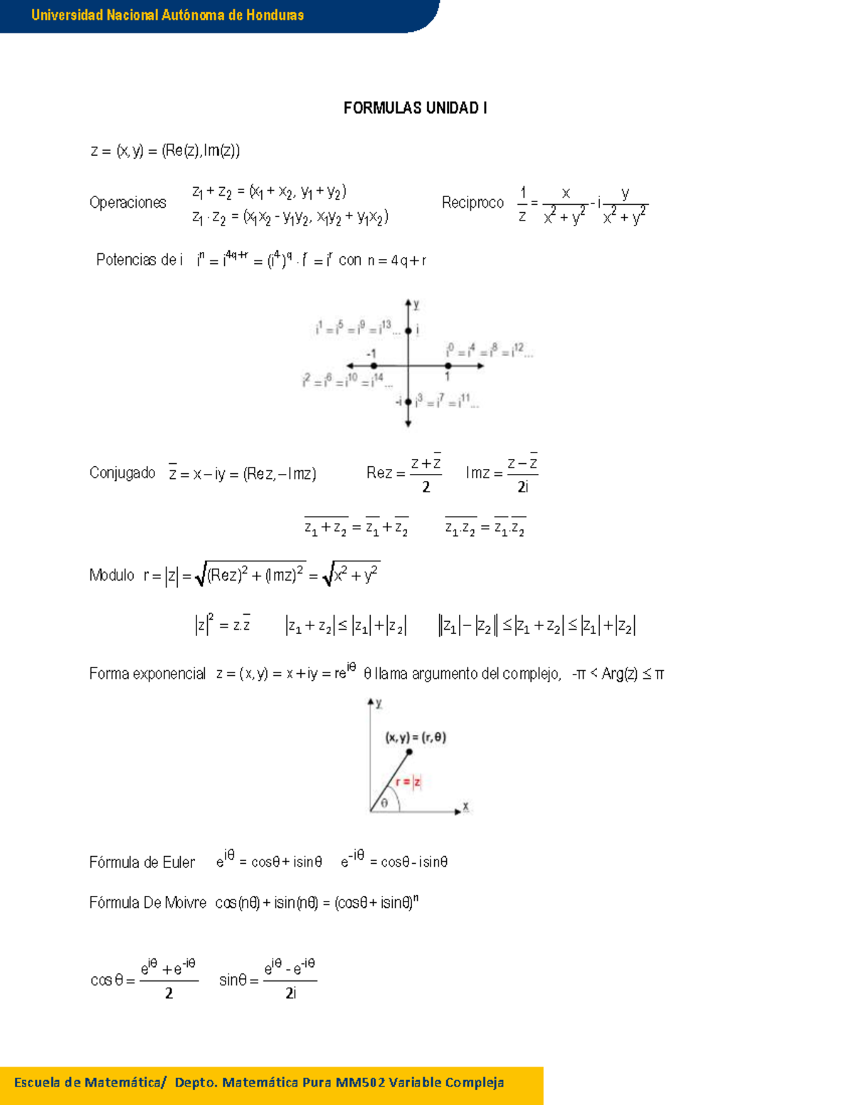 Fórmulas VC 1 - Resumen Variable Compleja - Escuela de Matemática/ Depto. Matemática Pura MM502 ...