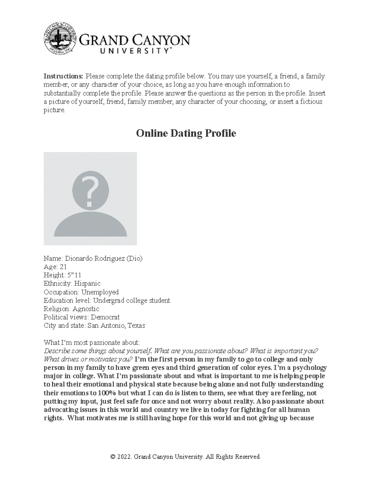 Online Dating Profile - Instructions: Please complete the dating ...