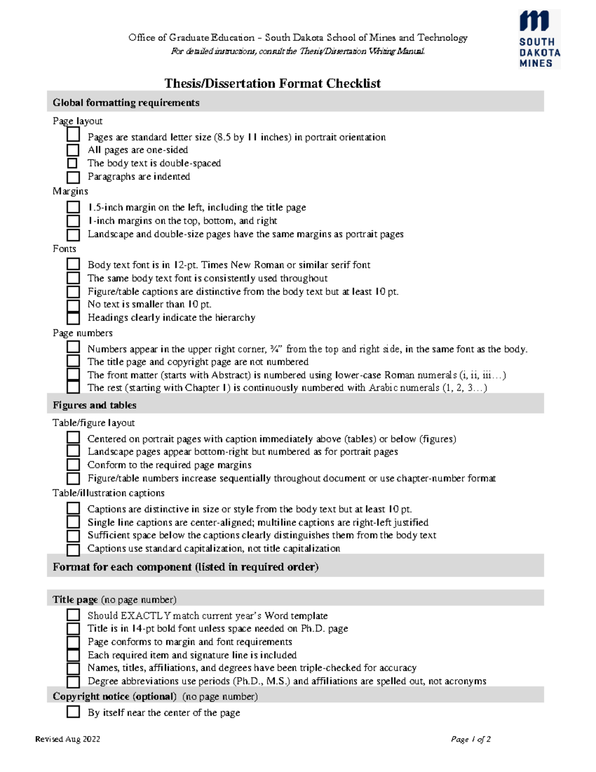 Thesis-Dissertation Format Checklist June 2023 - Office of Graduate ...