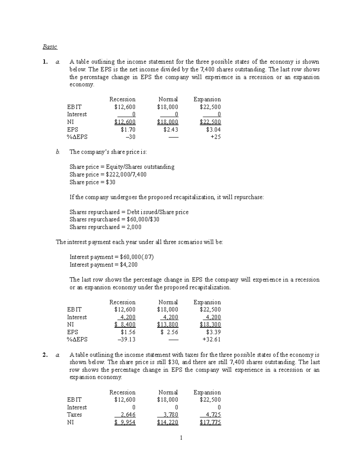 Chapter 17 & 18 Solution - Basic 1. a. A table outlining the income ...