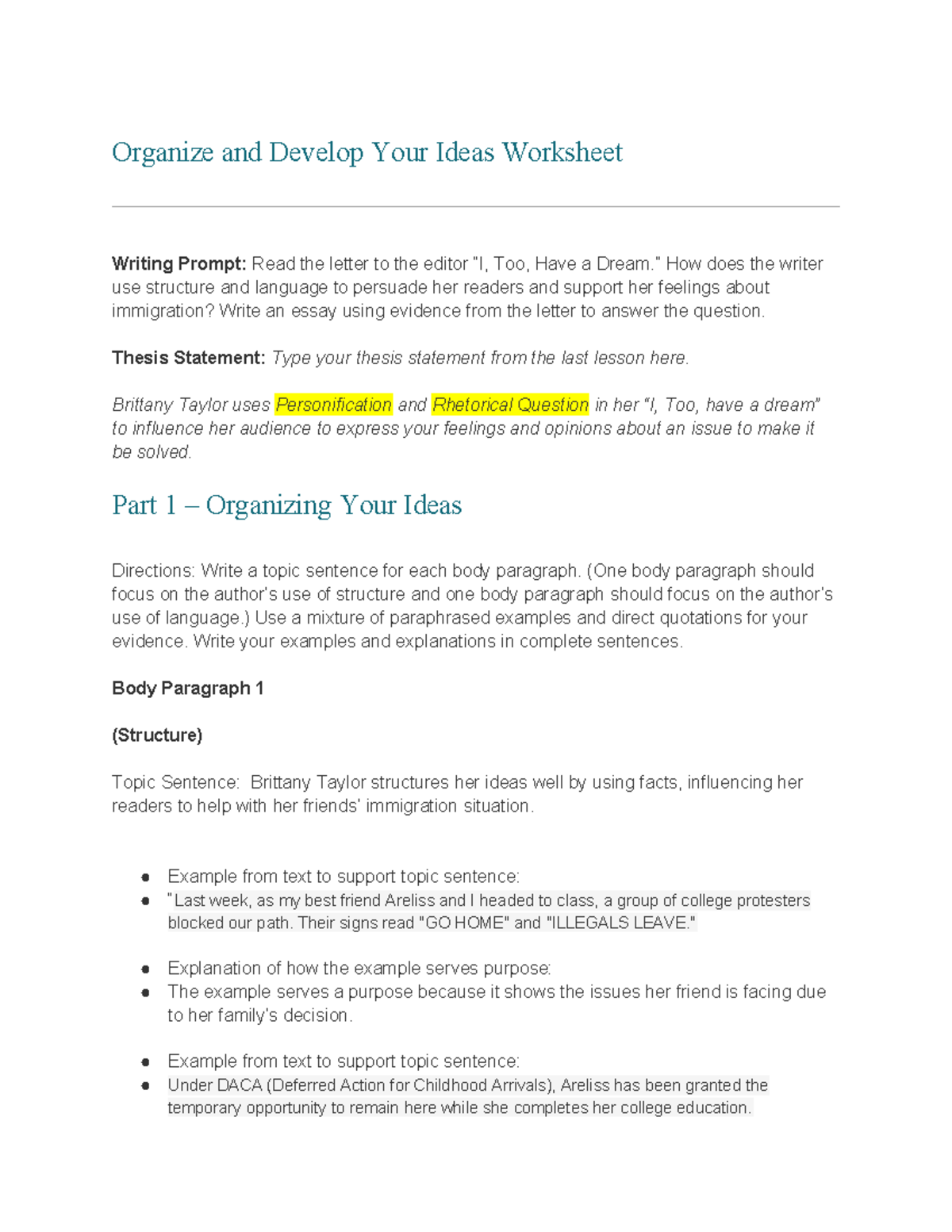 02 06 English 1 - Organize and Develop Your Ideas Worksheet Writing ...
