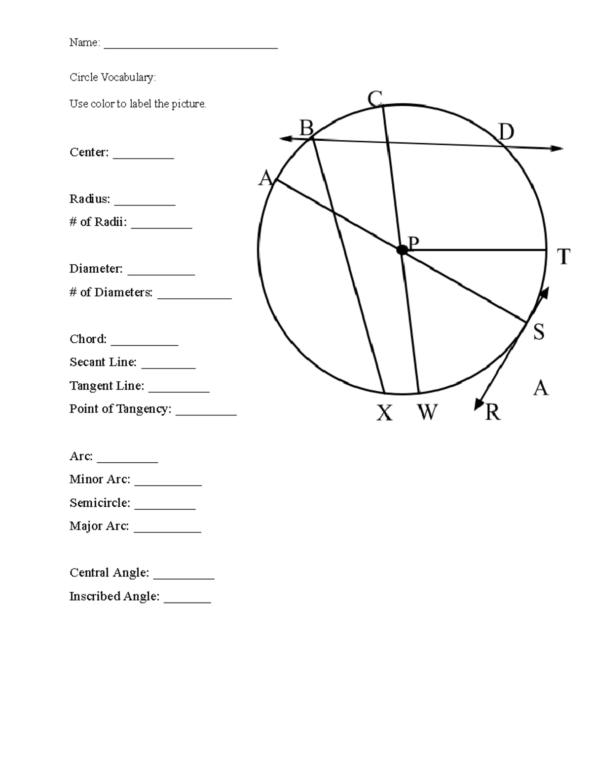 Parts of a Circle - Name: ______________________________ Circle ...
