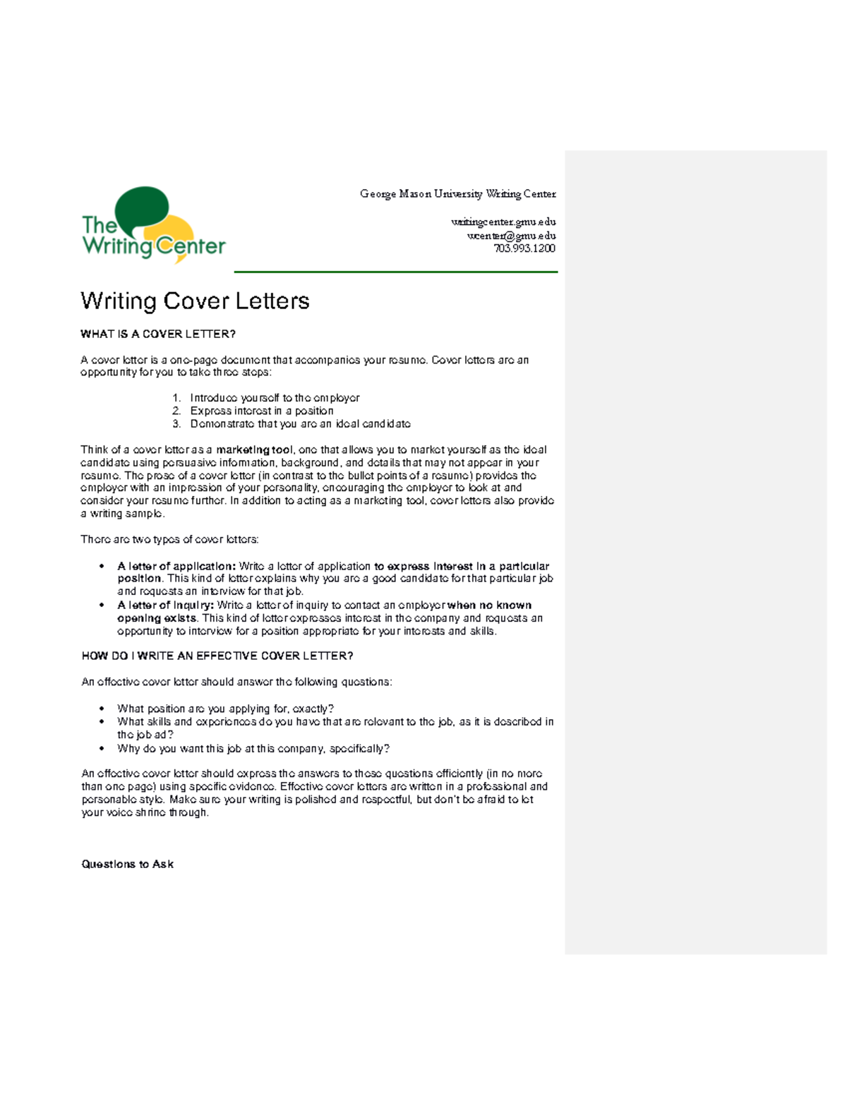 Writing Cover Letters ATI - The Writing ~ enter ####### George Mason ...