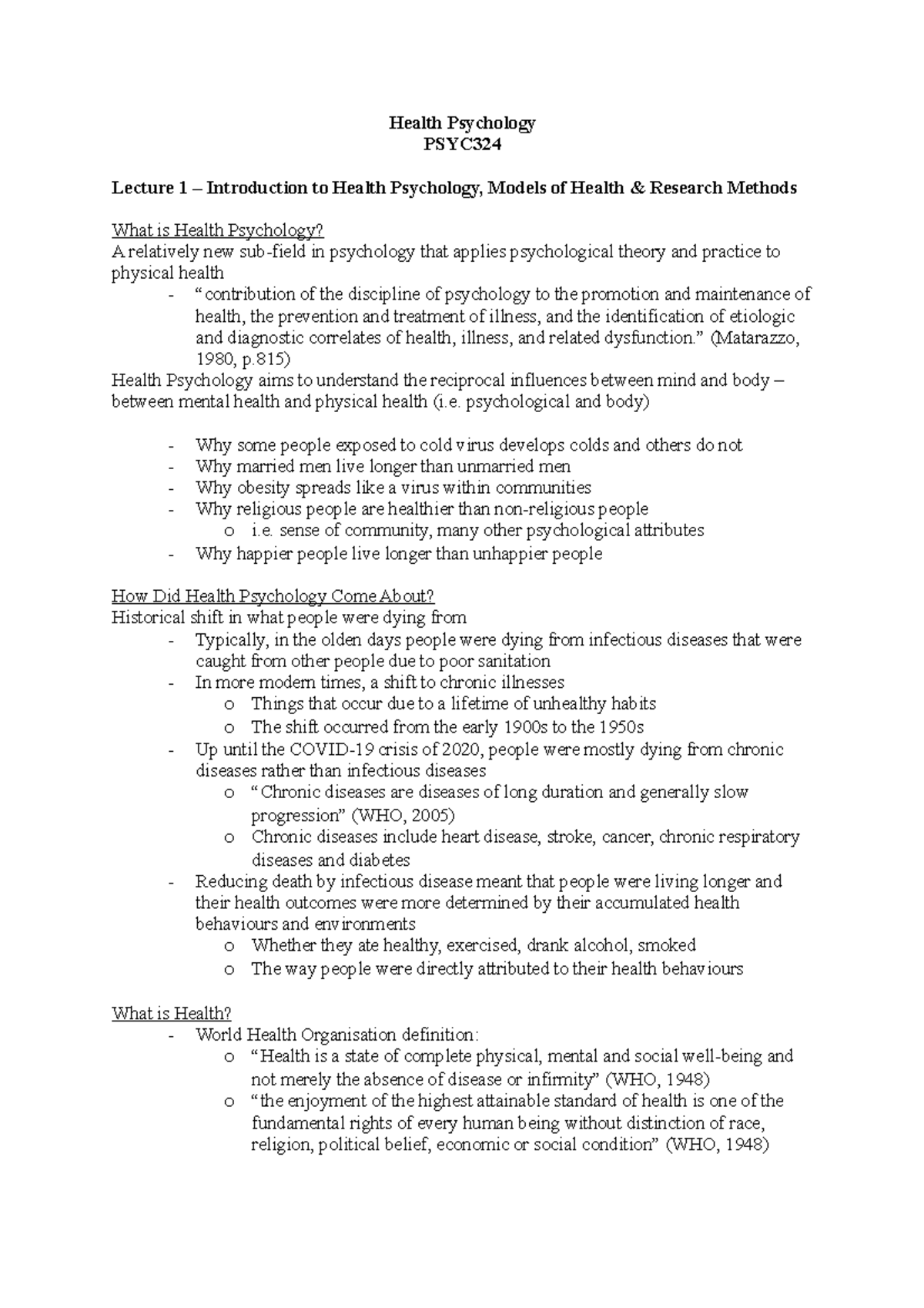 Lecture Notes - Lecture 1 (Intro) - Health Psychology PSYC Lecture 1 ...