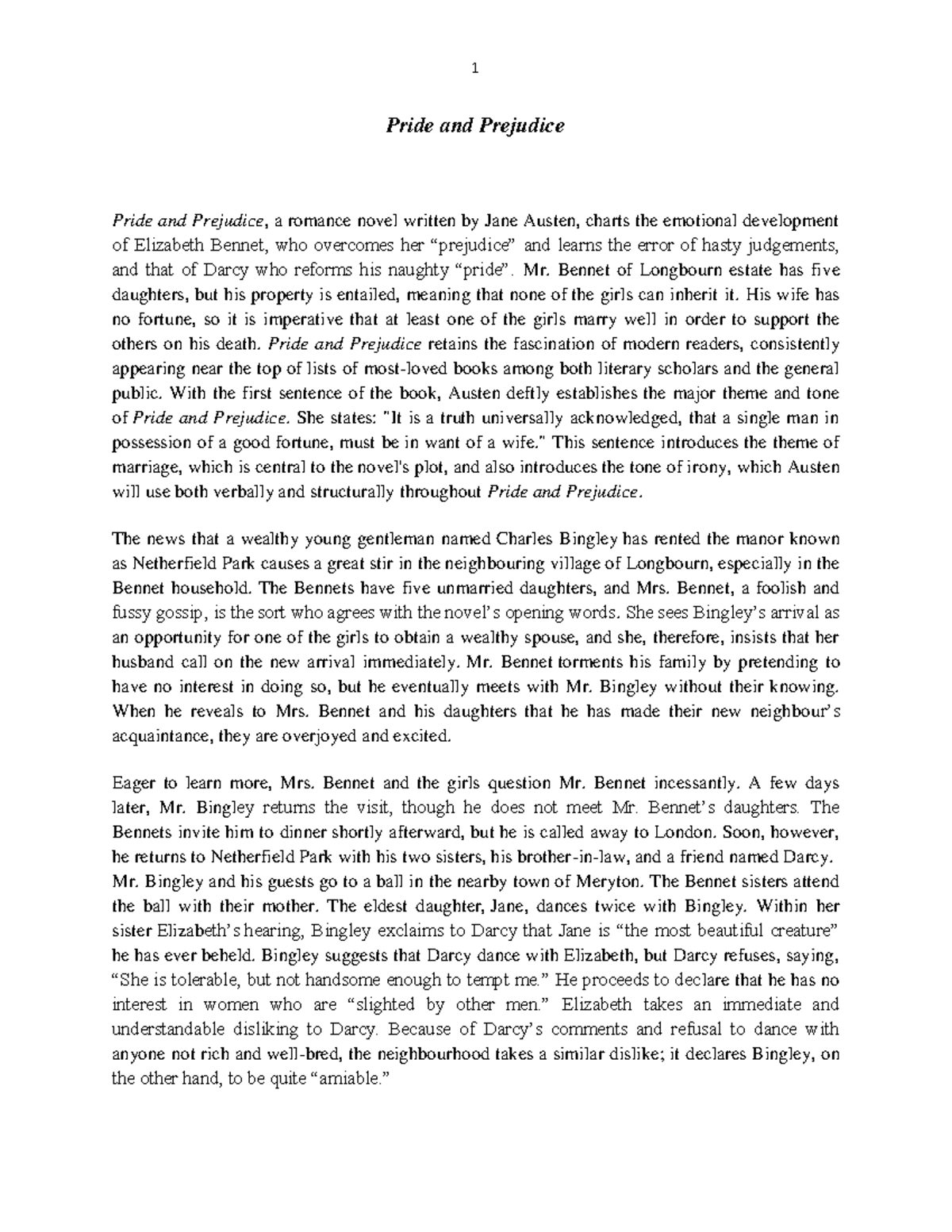 Pride and Prejudice - Summary (English) Pearls from the deep - 1 Pride ...