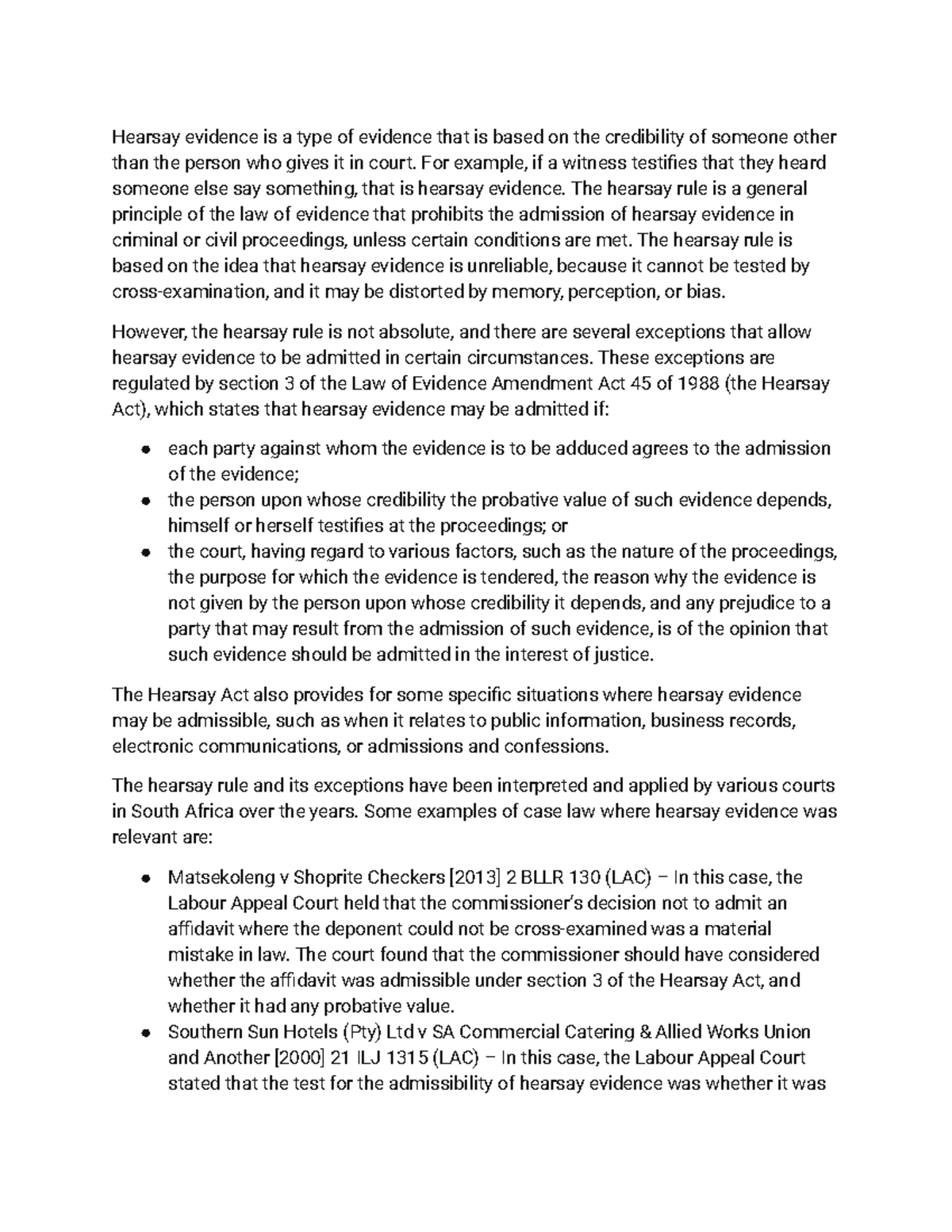 The Hearsay Rule and its Exceptions in South African Law - Hearsay ...