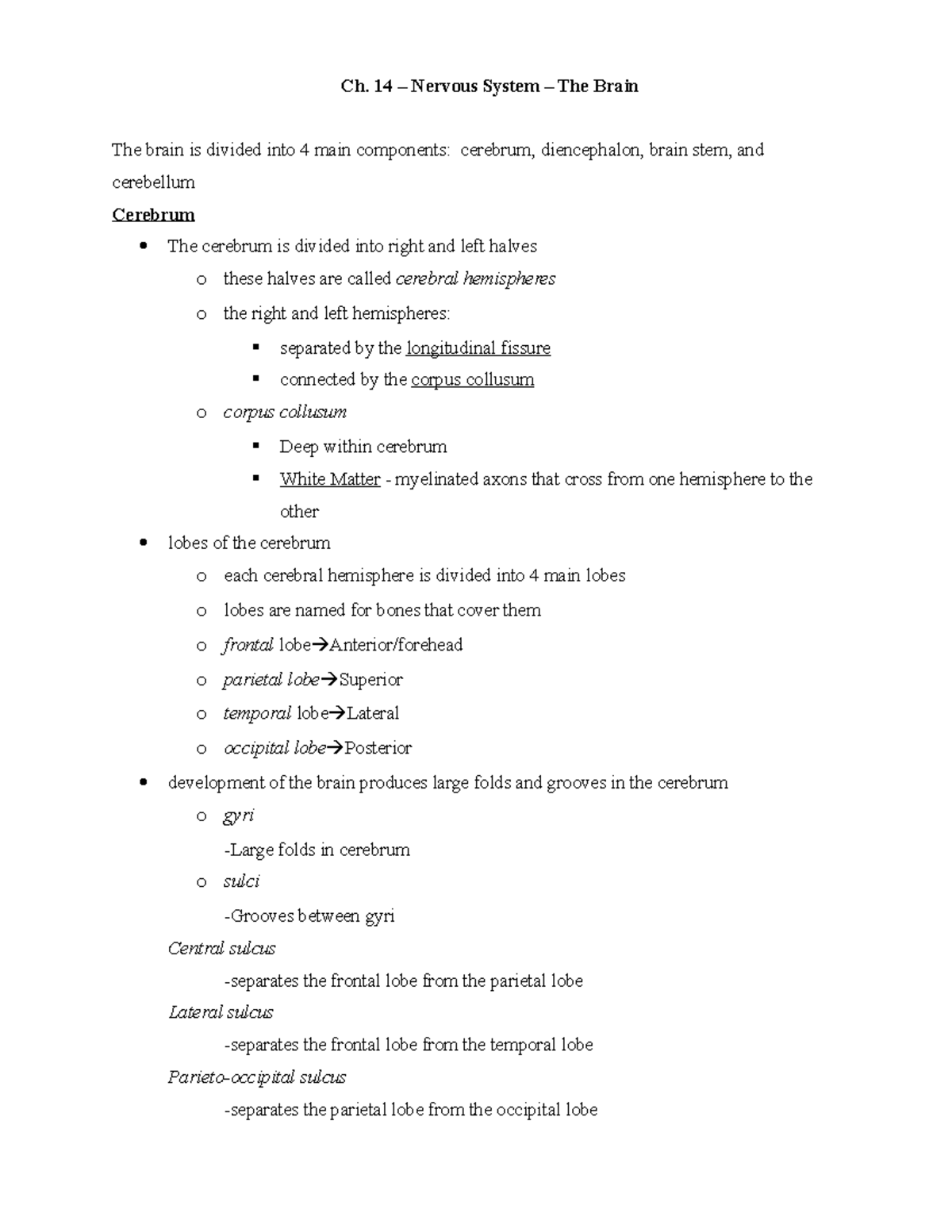 Ch 14 The nervous system (brain) - Ch. 14 – Nervous System – The Brain ...