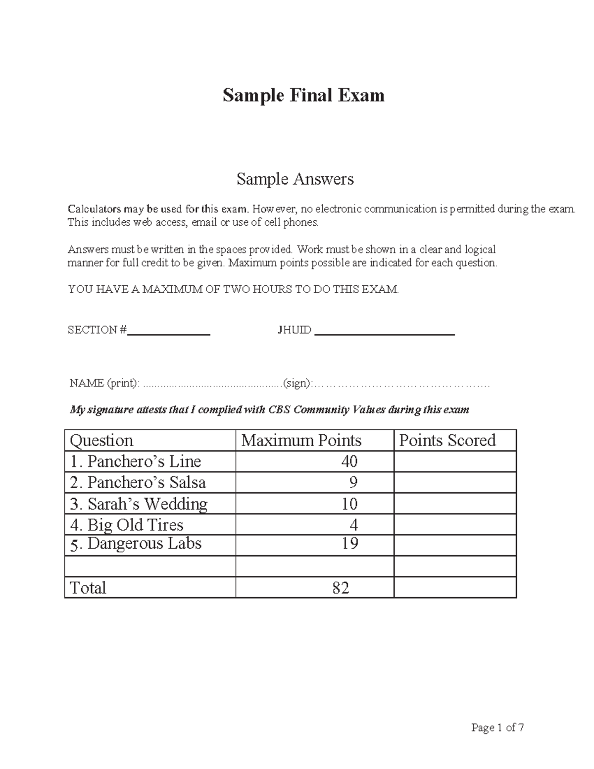 Solutions to the Sample Final Exam - Sample Final Exam Sample Answers ...