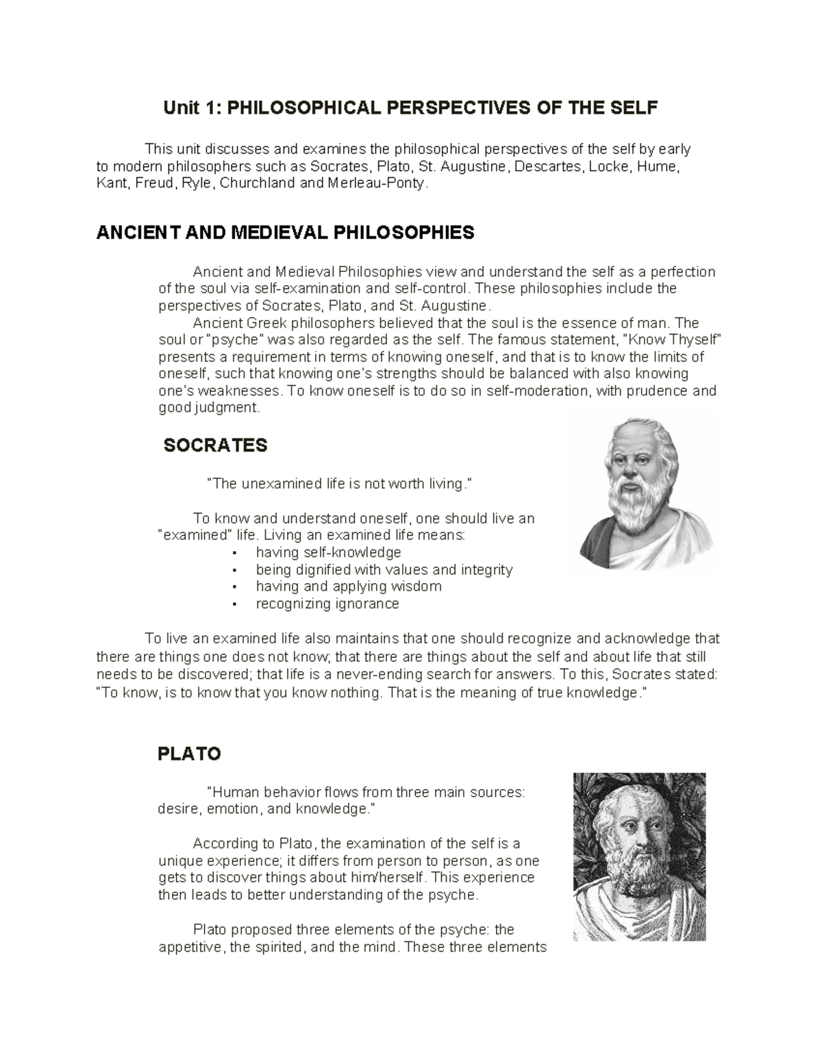 Philosophical Perspectives OF THE SELF - Unit 1: PHILOSOPHICAL PERSPECTIVES OF THE SELF This ...