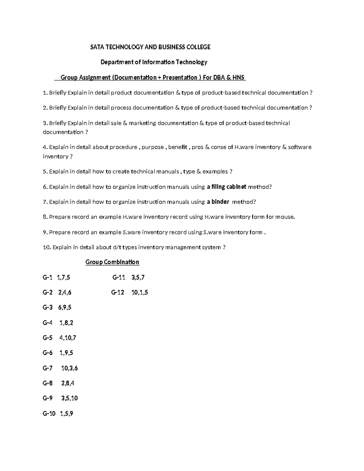 Asssignment for DBA & HNS - SATA TECHNOLOGY AND BUSINESS COLLEGE Department of Information - Studocu
