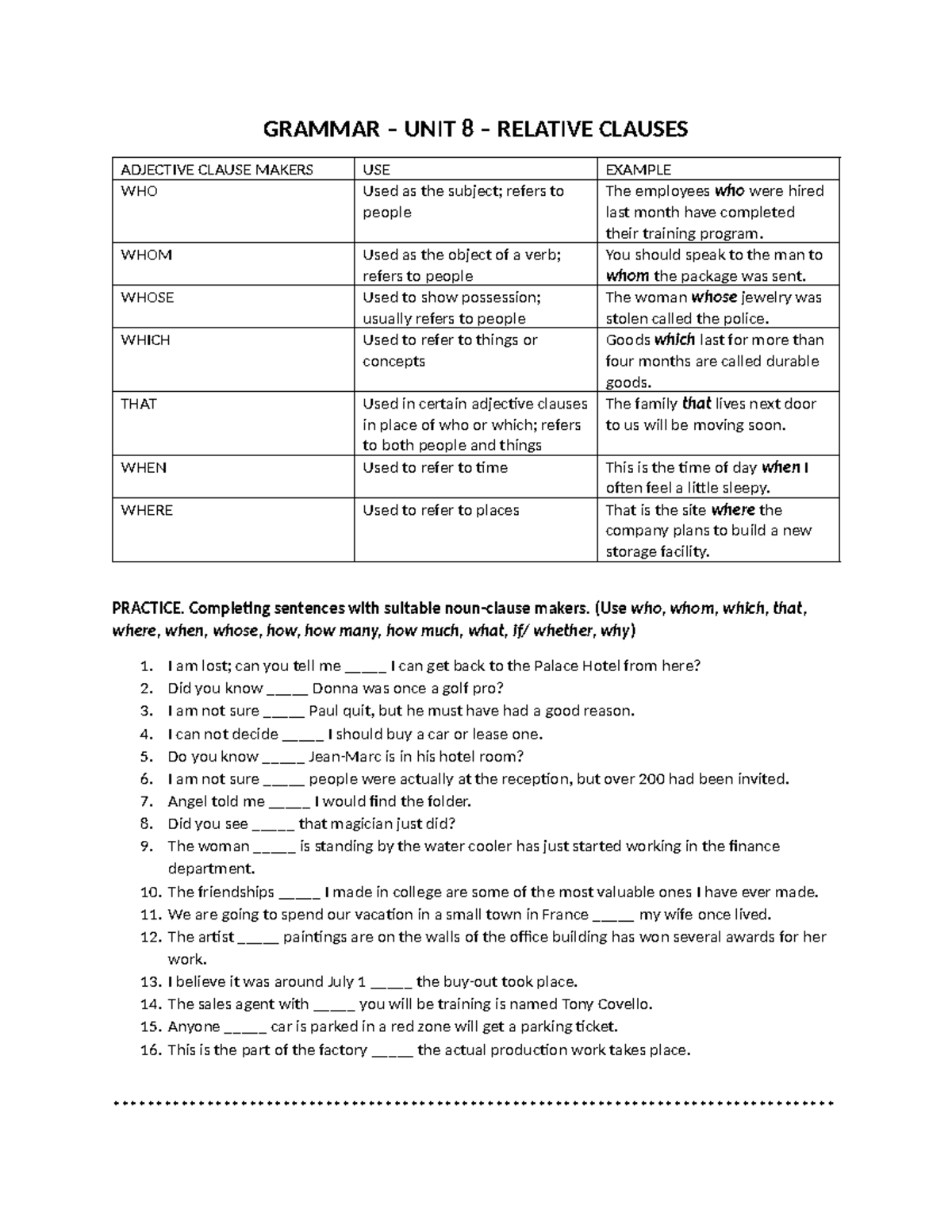 Grammar- Relative Clauses - GRAMMAR – UNIT 8 – RELATIVE CLAUSES ...
