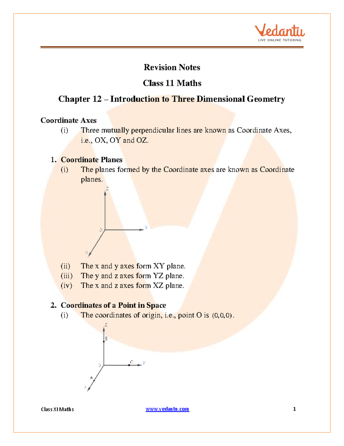 Class 11 Revision Notes Introduction to Three Dimensional Geometry ...