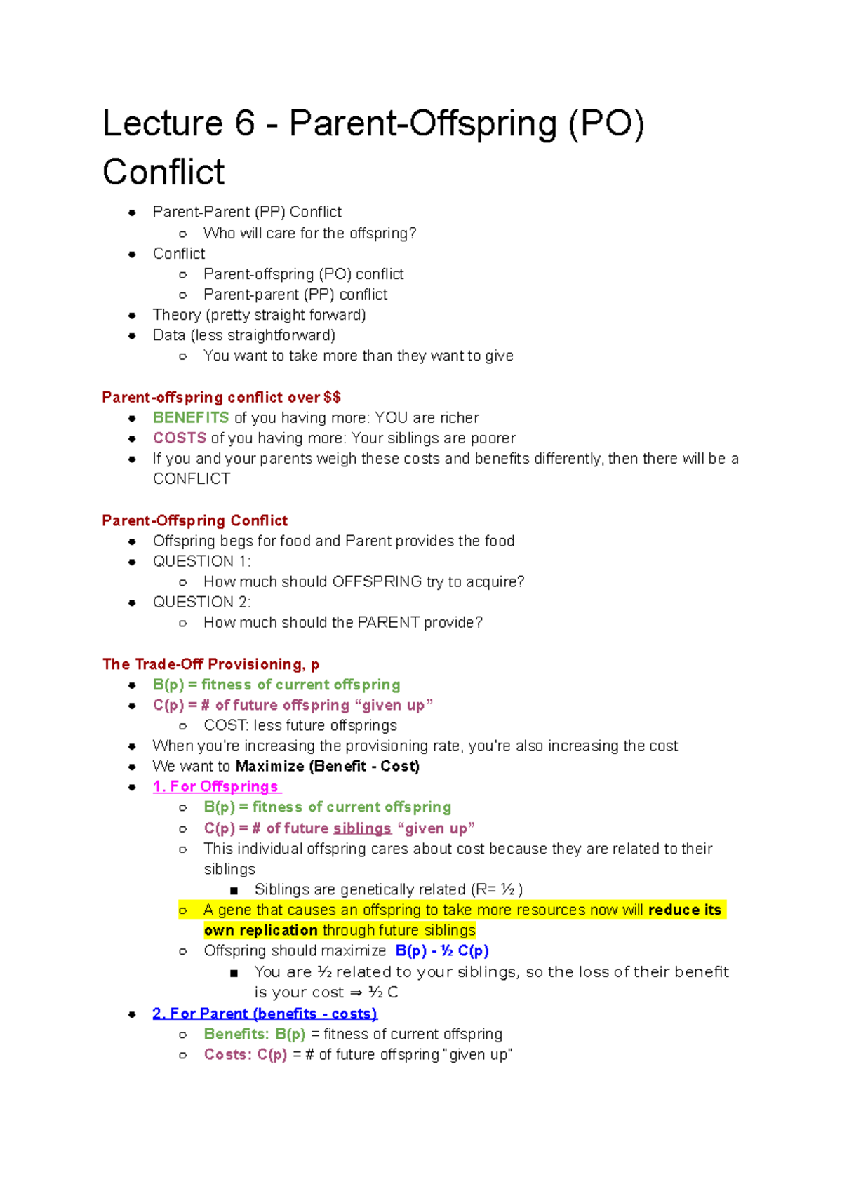 BIO220 UTSG Lecture Notes Lecture 17 - Parent-Offspring (PO) Conflict ...