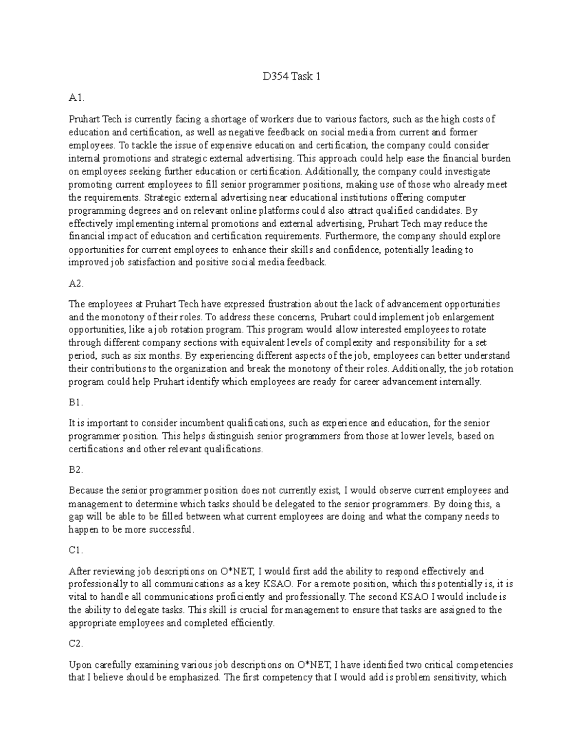 D354 Task 1 - d354 task 1 pass - D354 Task 1 A1. Pruhart Tech is ...