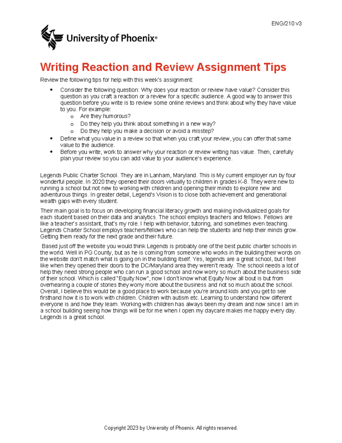 Writing Reactions Eng 102 Assignments - ENG/210 v Writing Reaction and ...