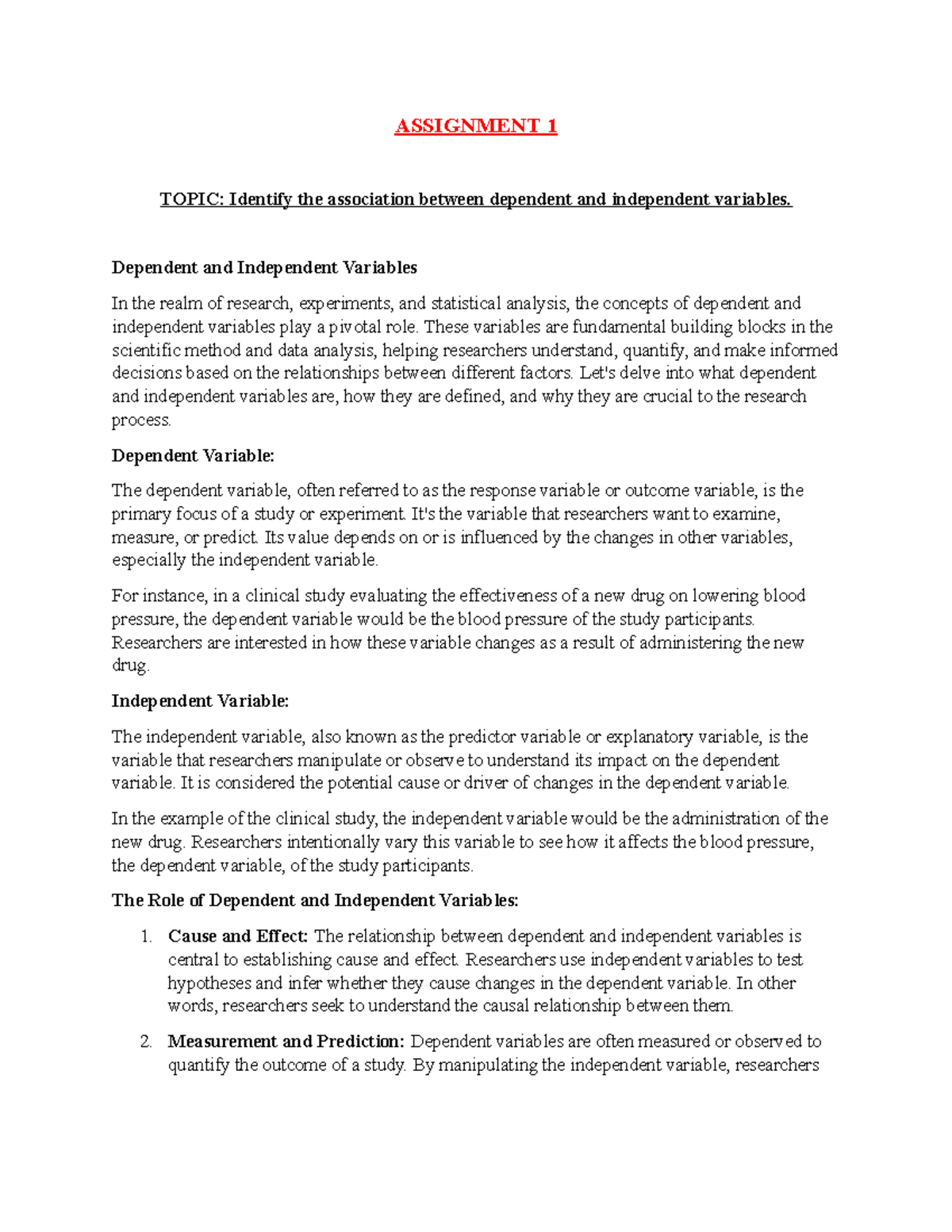 Assignment 1 - TOPIC: Identify the association between dependent and independent variables ...