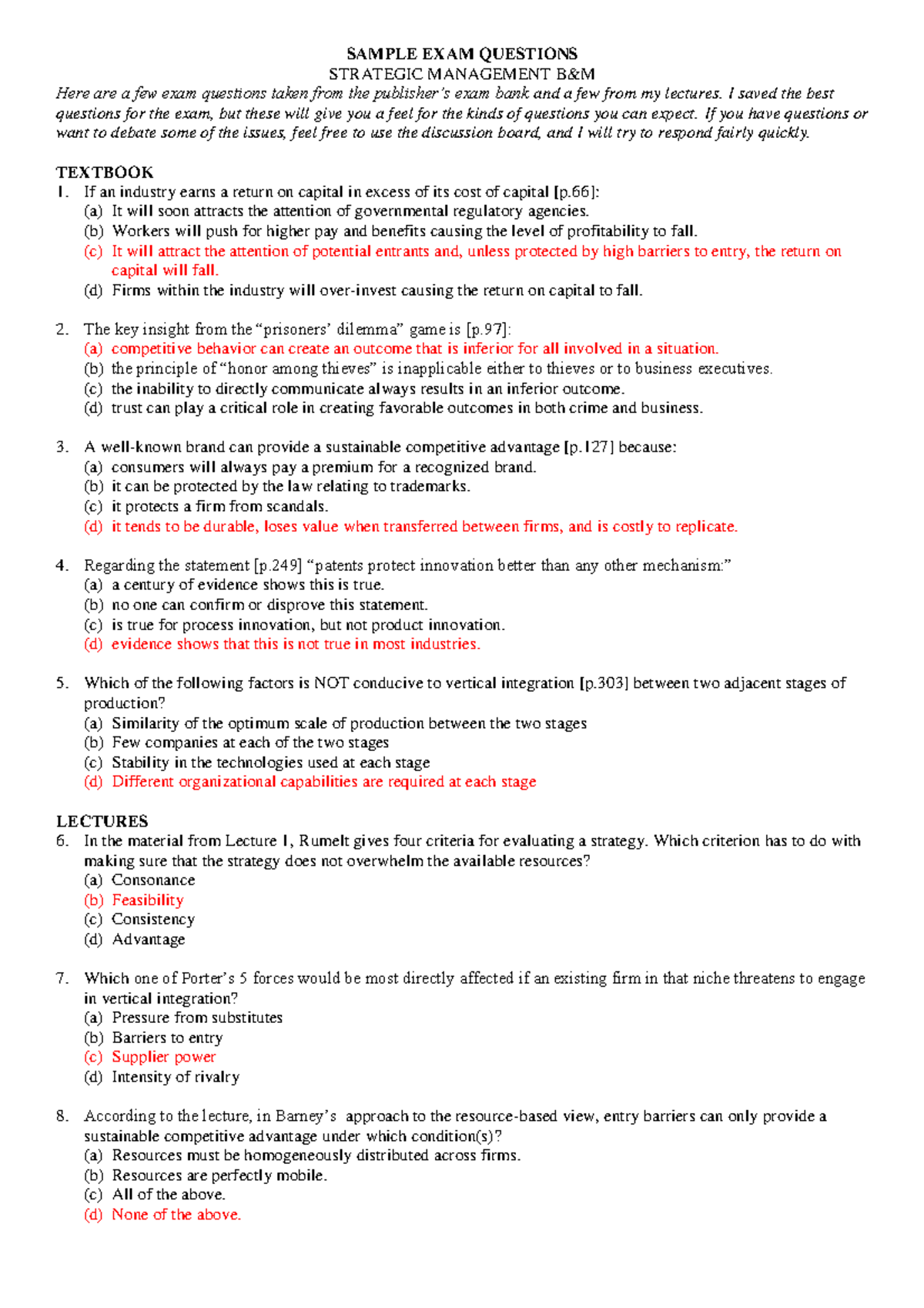 Sample EXAM Questions 2019 - SAMPLE EXAM QUESTIONS STRATEGIC MANAGEMENT ...