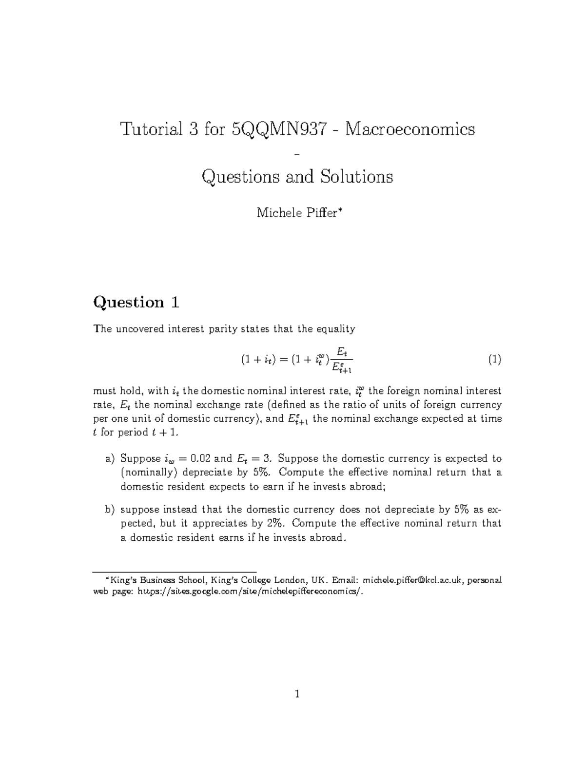 Tutorial 3 IS LM open economy - Tutorial 3 for 5QQMN937 - Macroeconomics - Questions and ...