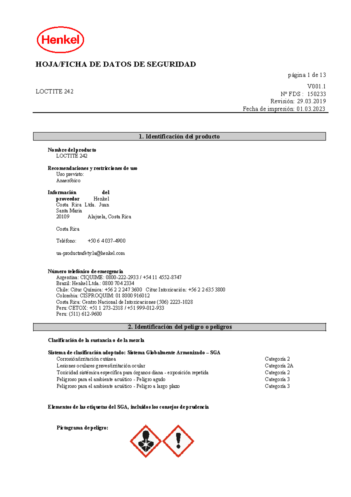 520933 - Hoja de seguridad - 1. Identificación del producto HOJA/FICHA ...
