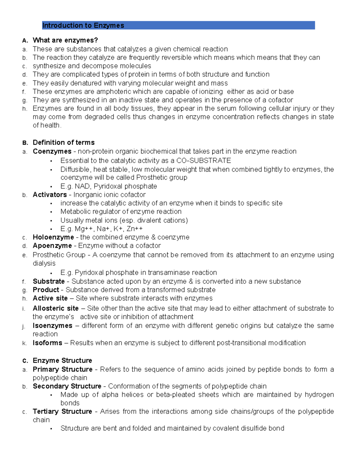 Introduction to Enzymes - What are enzymes? a. These are substances ...