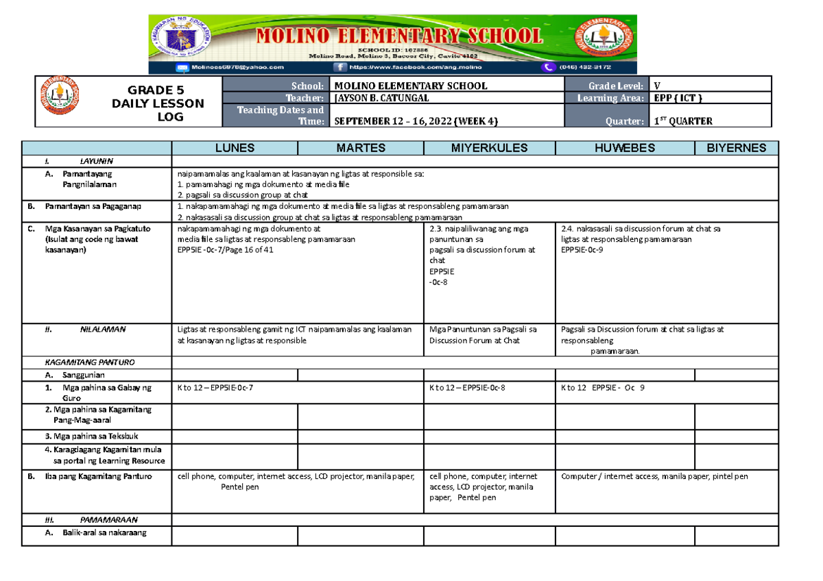DLL Quarter 1 Week 3, EPP-ICT 5 - GRADE 5 DAILY LESSON LOG School: MOLINO ELEMENTARY SCHOOL ...