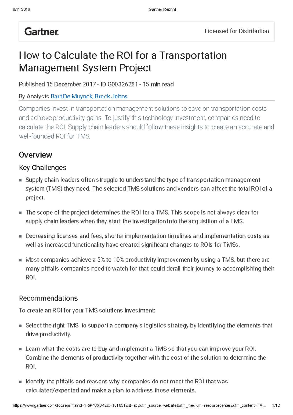 Cálculo del ROI para TMS - Licensed for Distribution How to Calculate ...