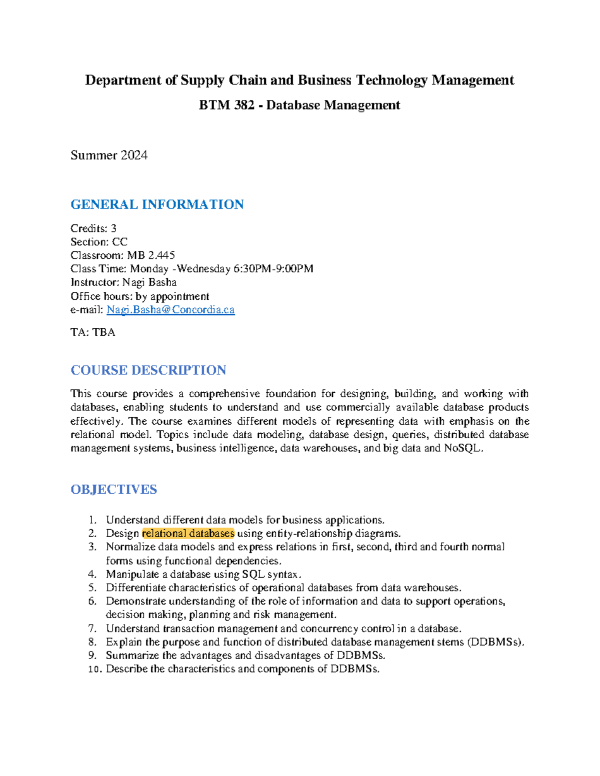 Btm 382 Outline Summer 2024 Department Of Supply Chain And Business Technology Management Btm 6601