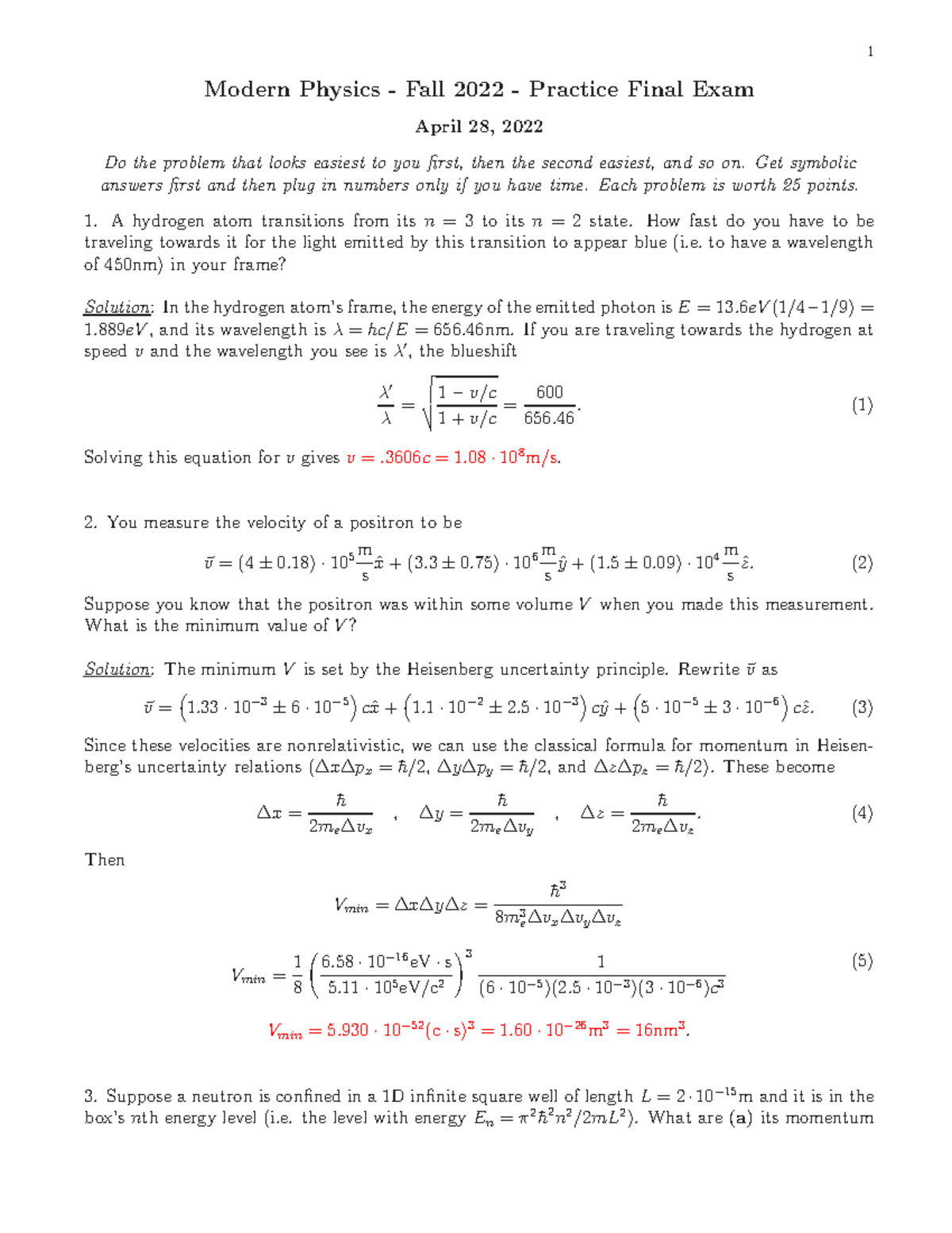Practicefinalexam-solutions - 1 Modern Physics - Fall 2022 - Practice ...
