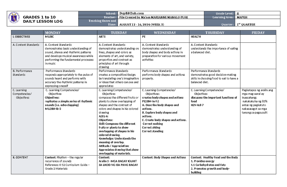 DLL Mapeh 2 Q1 W3 - notes - GRADES 1 to 10 DAILY LESSON LOG School ...